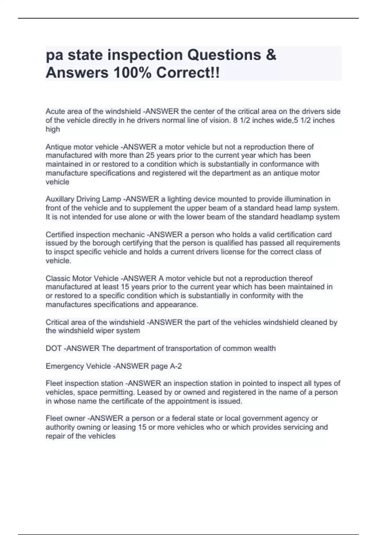 PA Emissions Inspection EXAM PACK 2024!! - Stuvia US