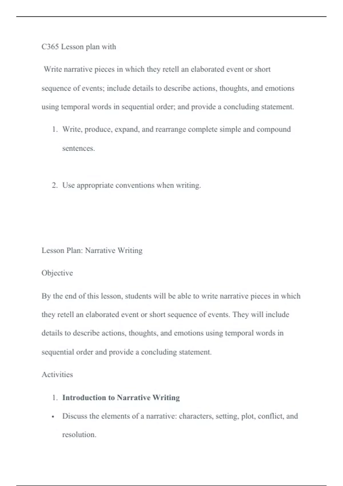 Summary C365 Lesson plan with Write narrative pieces in which they ...