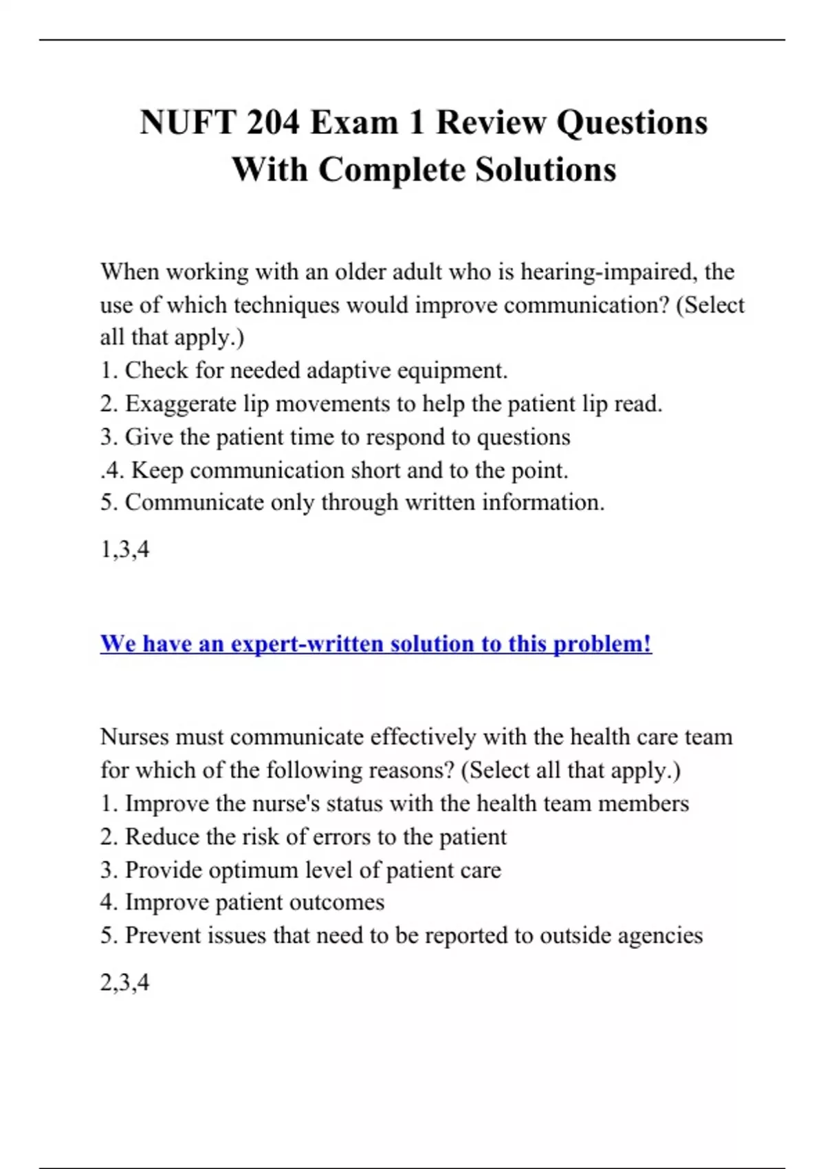 NUFT 204 Exam 1 Review Questions With Complete Solutions - NUFT 204 - Stuvia US