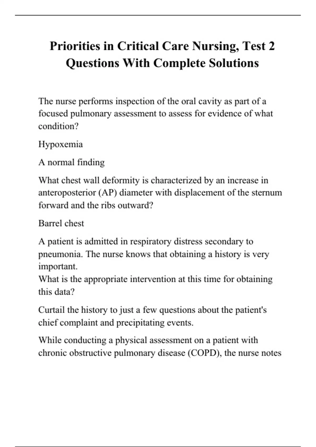 Priorities in Critical Care Nursing, Test 2 Questions With Complete ...
