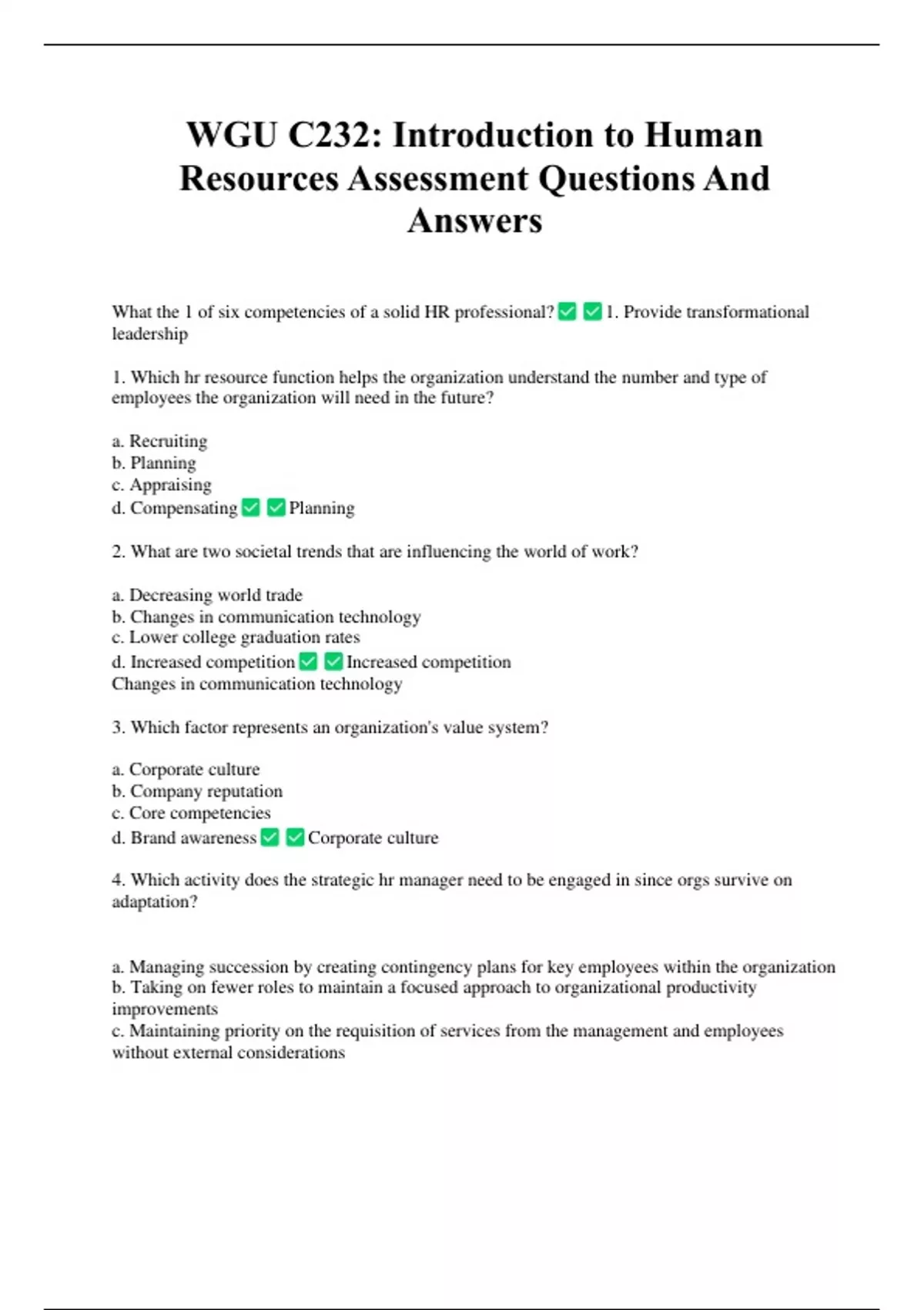 WGU C232: Introduction to Human Resources Assessment - WGU - Stuvia US