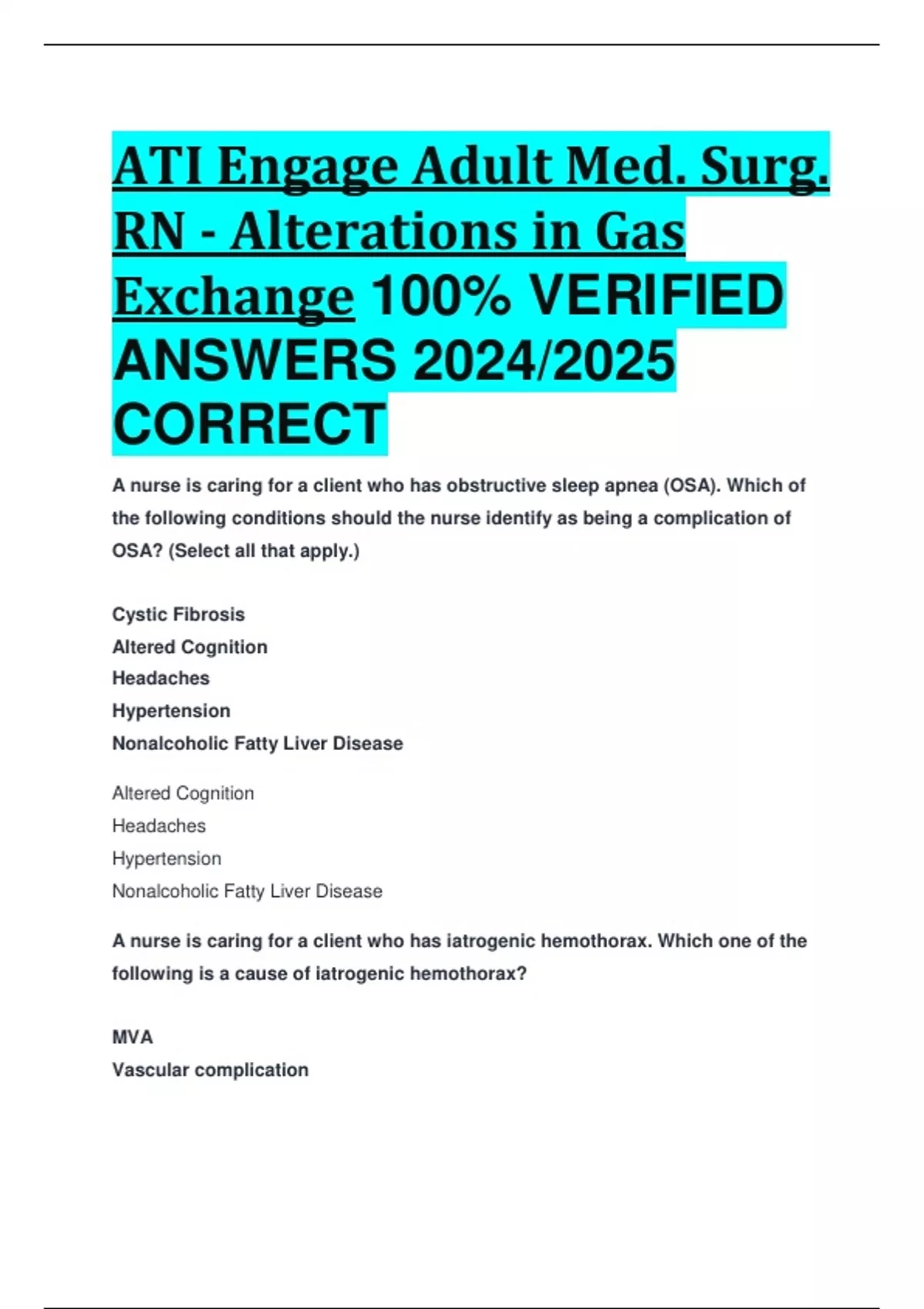 BEST REVIEW ATI Engage Adult Med. Surg. RN - Alterations in Gas ...