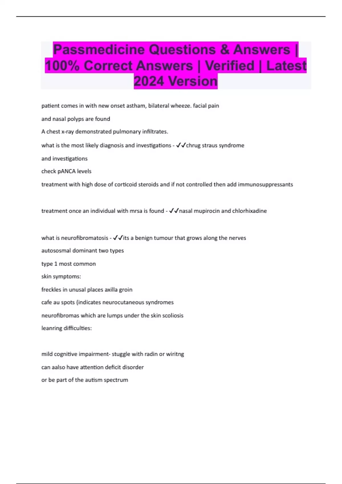 Passmedicine Questions & Answers | 100% Correct Answers | Verified ...