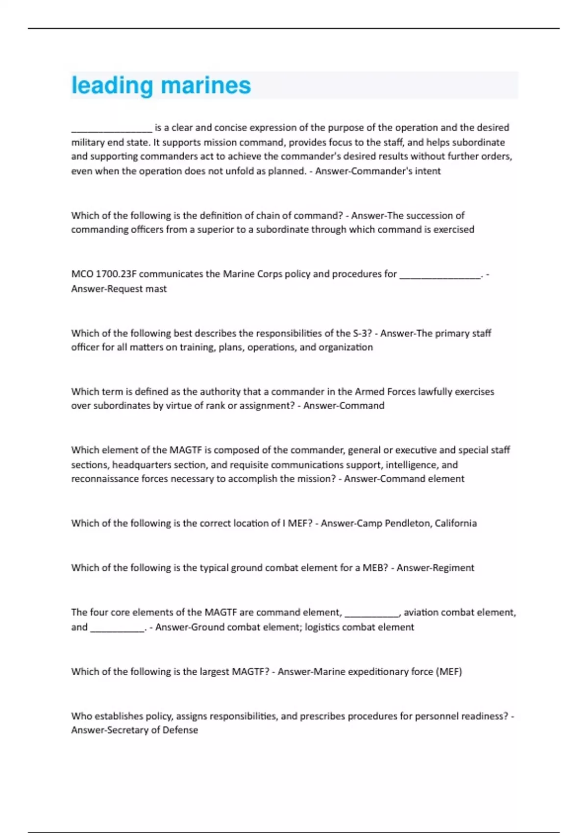 leading marines Exam Questions and Answers - Leading marines - Stuvia US