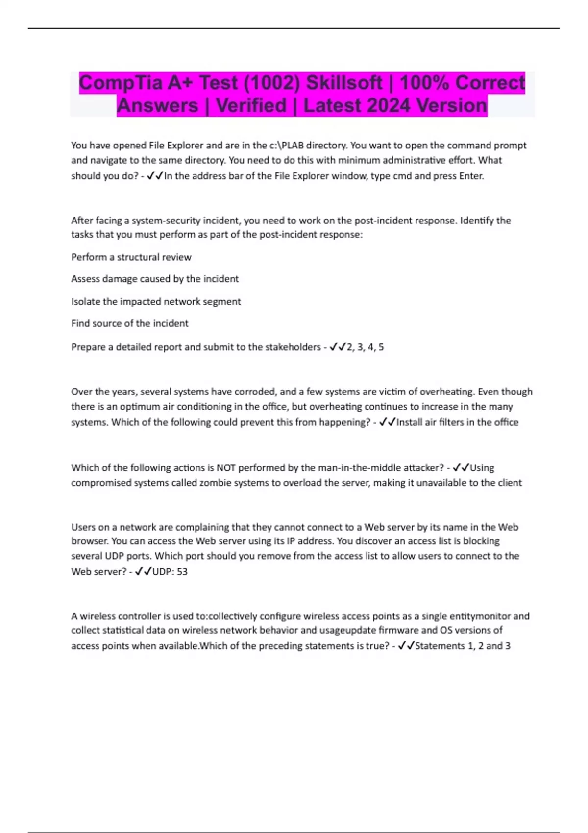 CompTia A+ Test (1002) Skillsoft | 100% Correct Answers | Verified ...