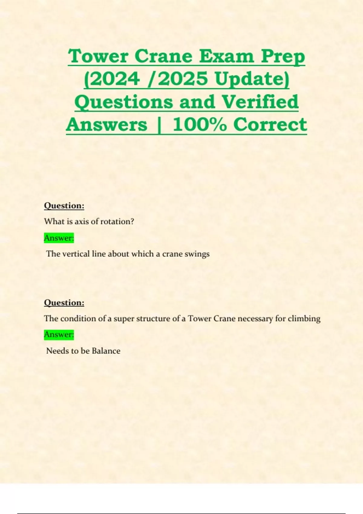 Tower Crane Exam Prep (2024 / 2025 Update) Questions and Verified Answers | 100% Correct - NCCCO ...