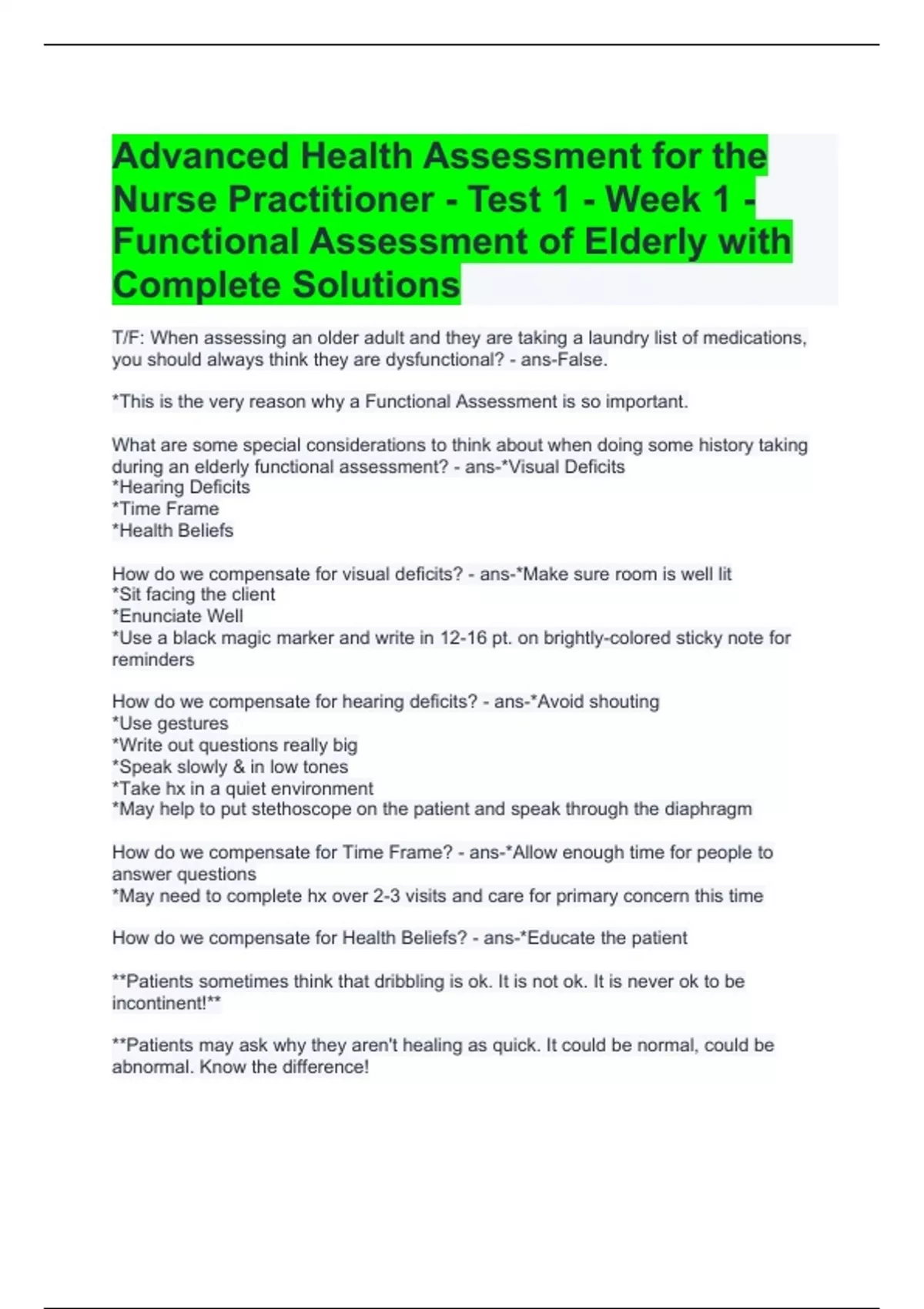 dvanced Health Assessment for the Nurse Practitioner - Test 1 - Week 1 ...