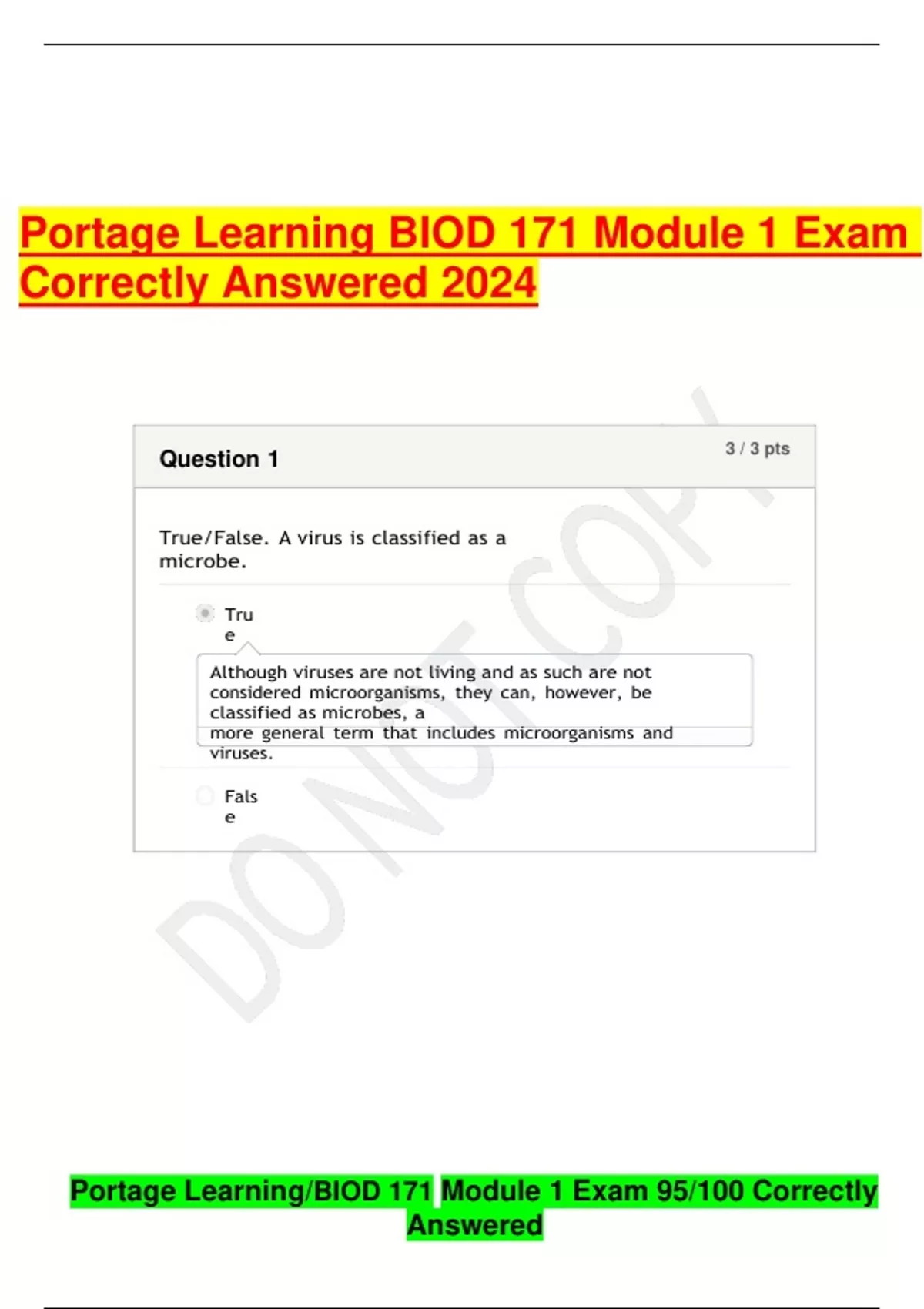 Portage Learning BIOD 171 Module 1 Exam Correctly Answered 2024.pdf - BIOD 171 - Stuvia US
