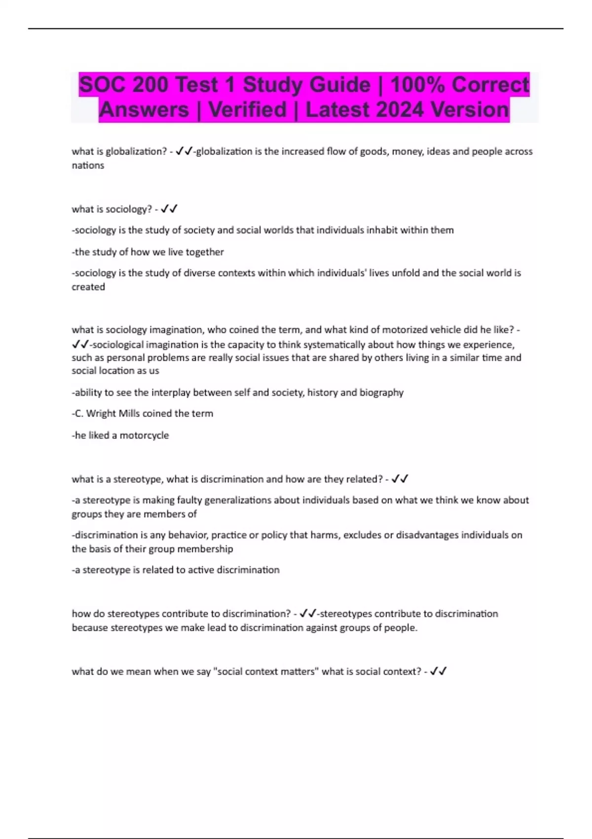 SOC 200 Test 1 Study Guide | 100% Correct Answers | Verified | Latest ...