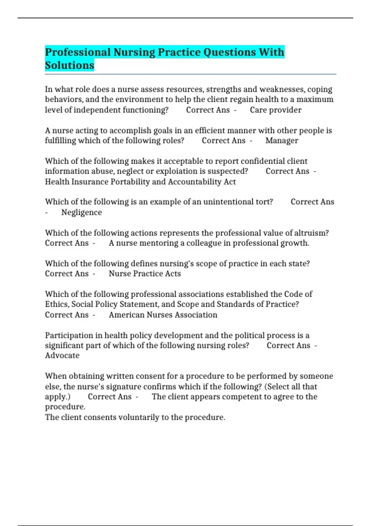 Professional Nursing Practice Questions With Solutions - Nursing ...