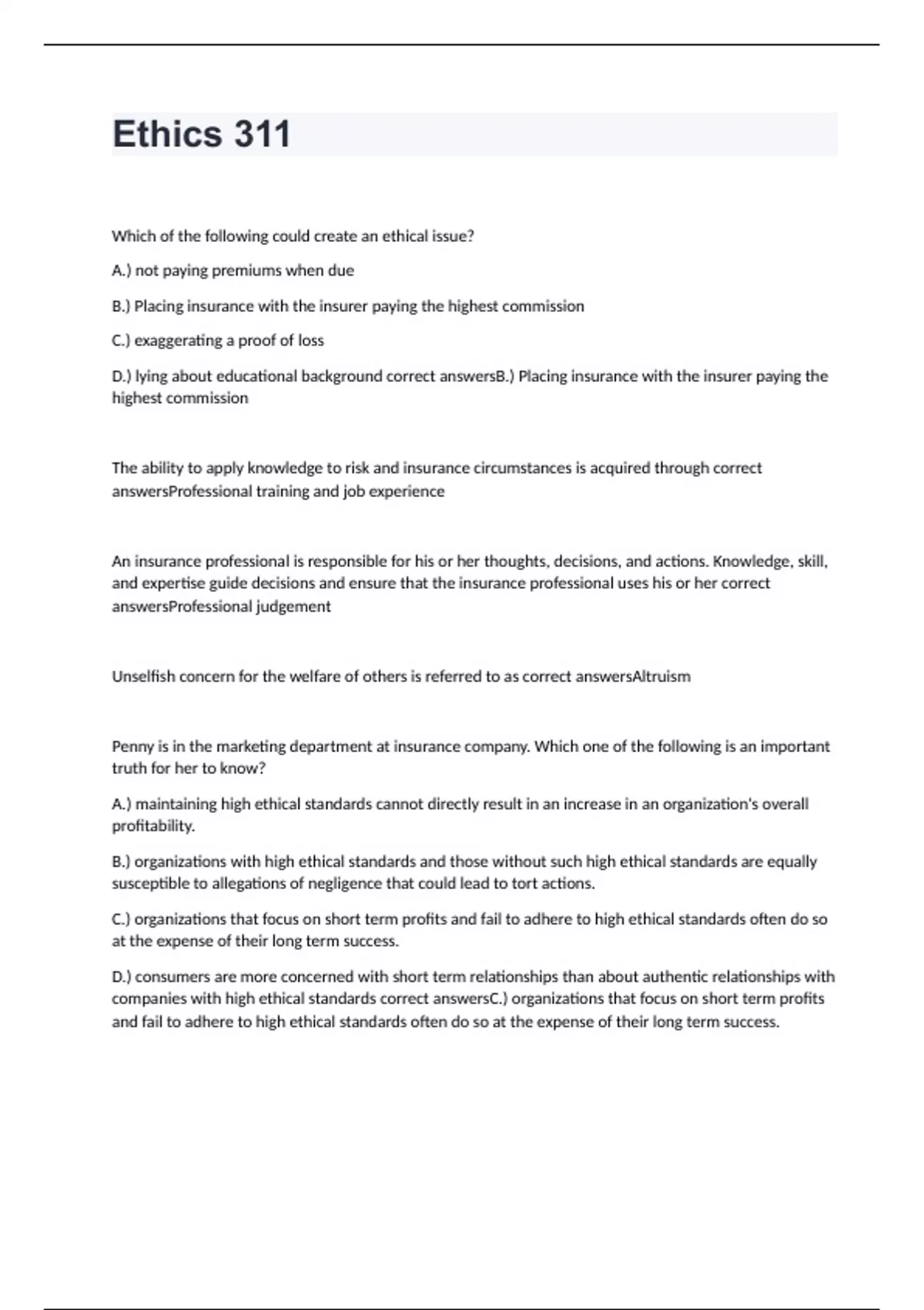 Ethics 311 exam 2024 with 100% correct answers - Ethics 311 - Stuvia US