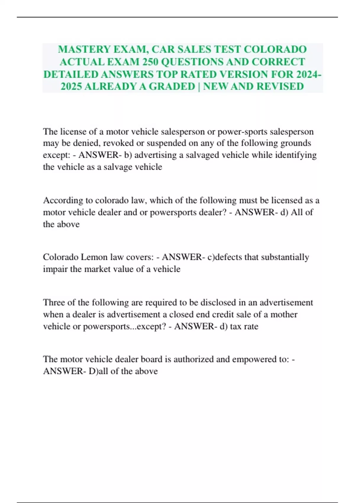 MASTERY EXAM, CAR SALES TEST COLORADO ACTUAL EXAM 250 QUESTIONS AND ...