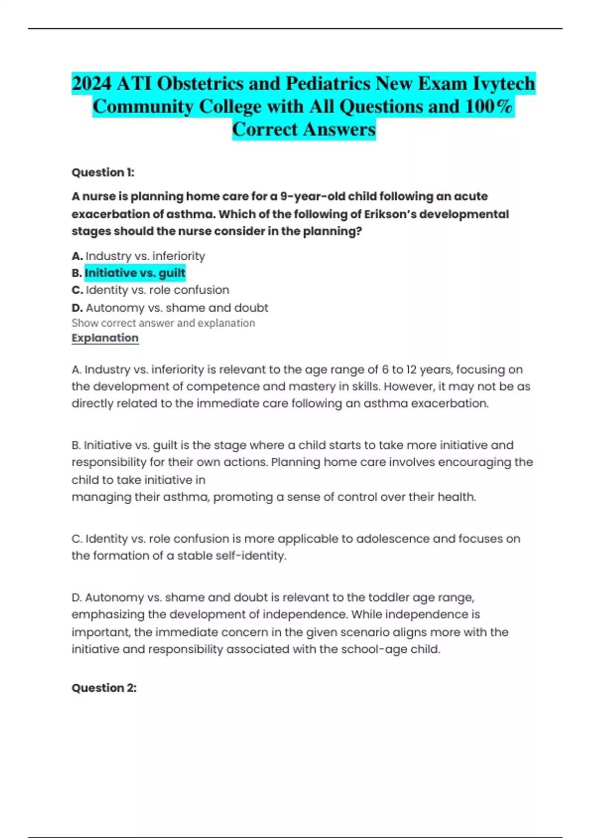 2024 ATI Obstetrics and Pediatrics New Exam Ivytech Community College with All Questions and 100 ...