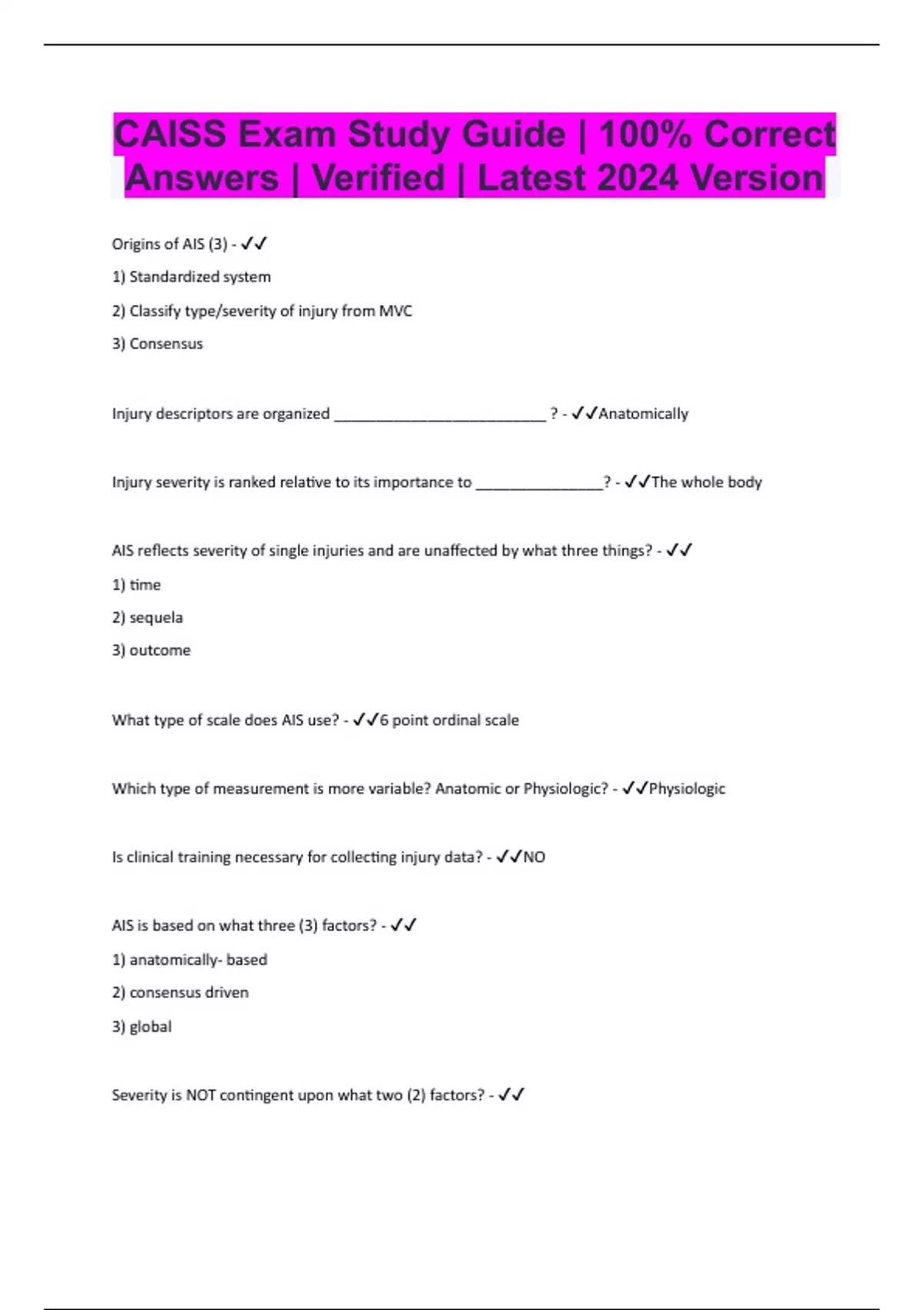 CAISS Exam Study Guide | 100% Correct Answers | Verified | Latest 2024 ...