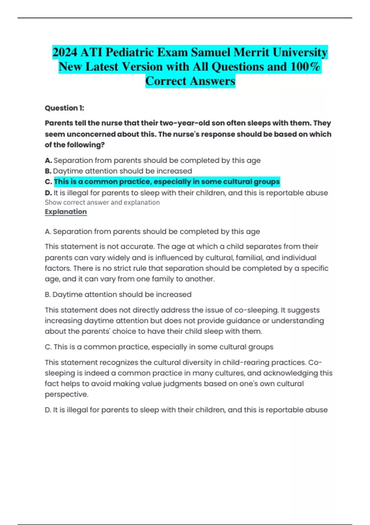 2024 ATI Pediatric Exam Samuel Merrit University New Latest Version ...