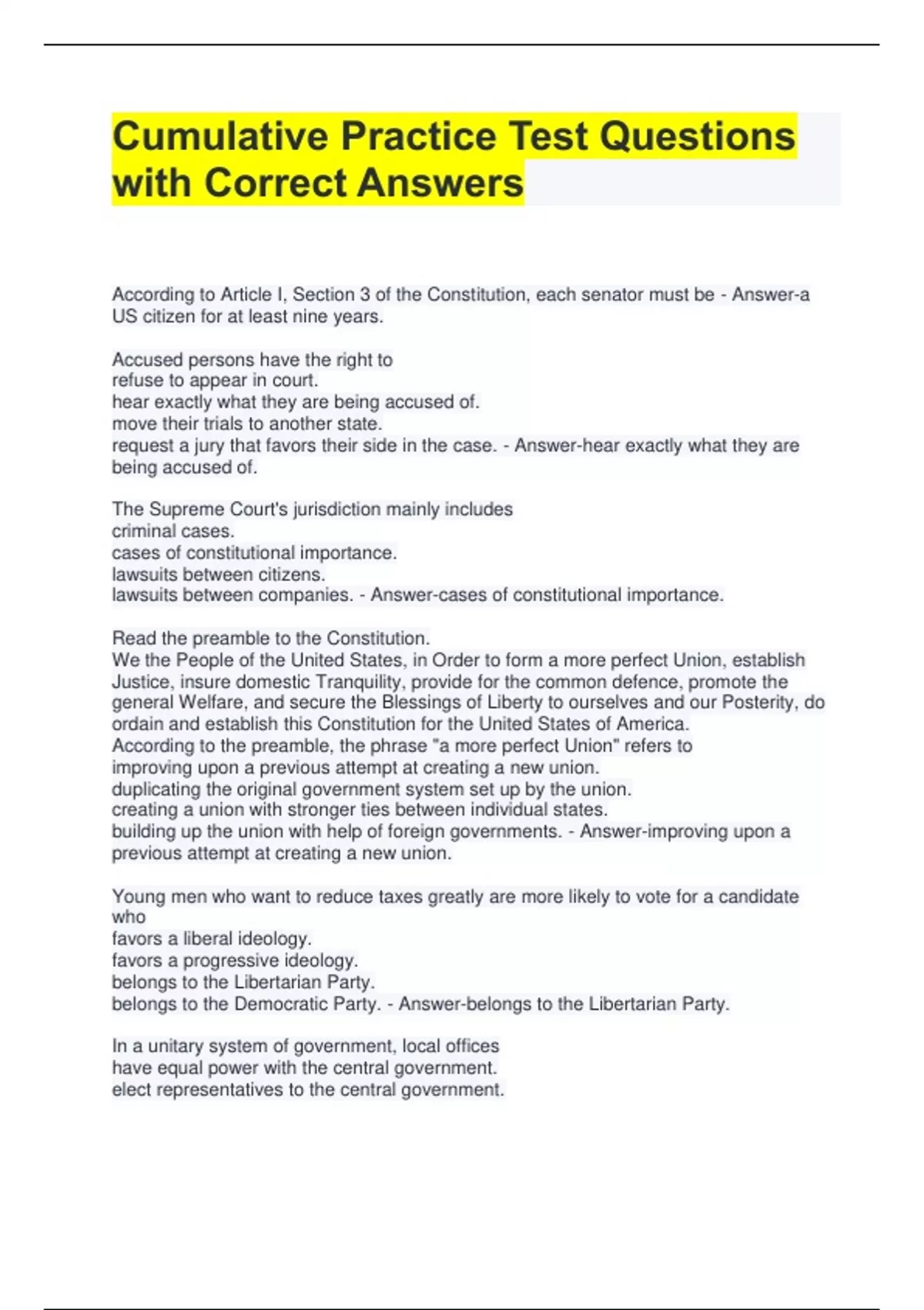 Cumulative Practice Test Questions with Correct Answers - Cumulative ...