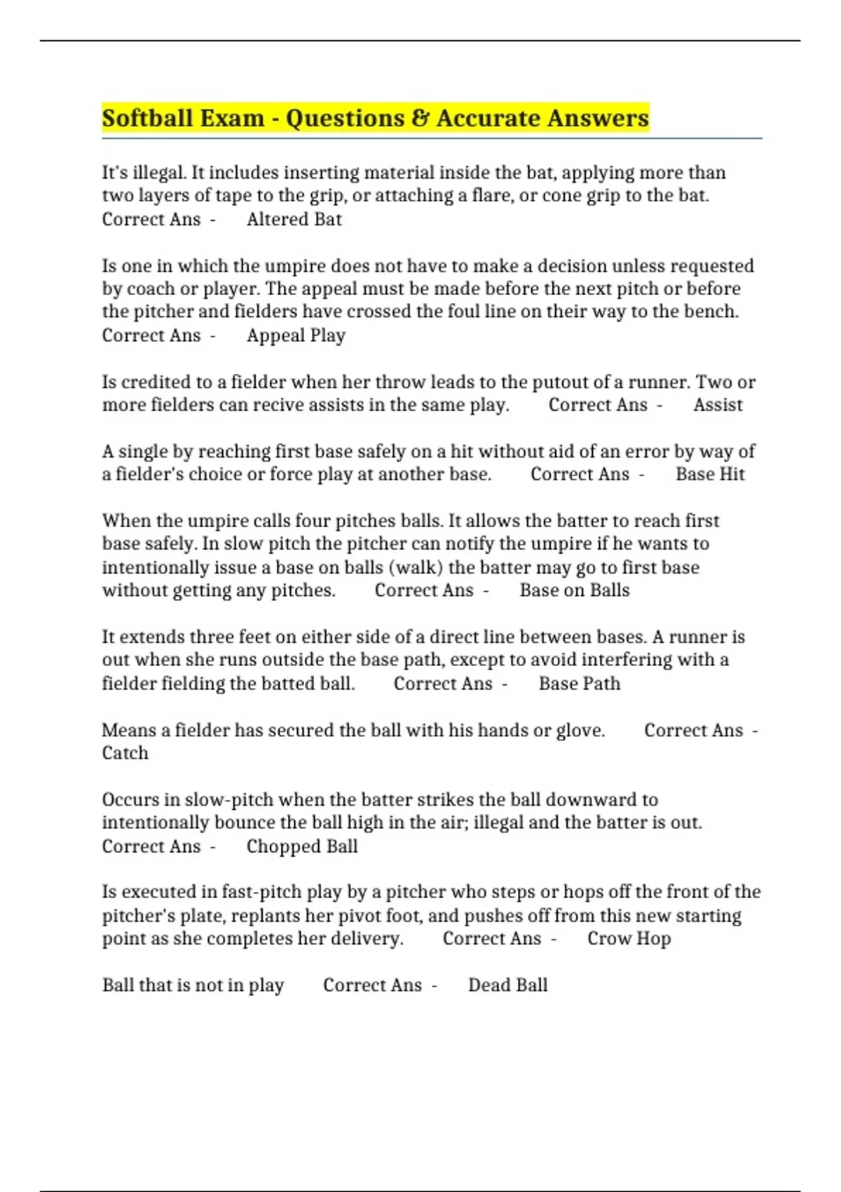 Softball Exam - Questions & Accurate Answers - NFHS SOFTBALL - Stuvia US