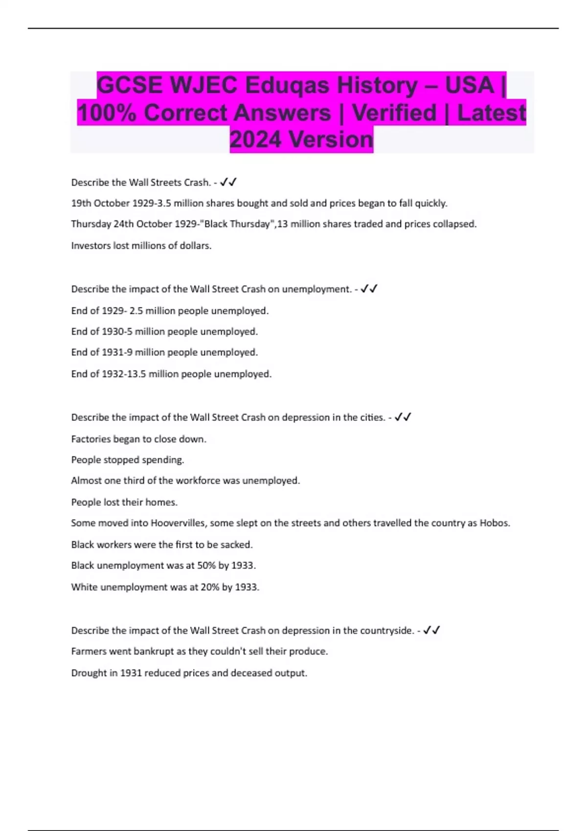 GCSE WJEC Eduqas History – USA | 100% Correct Answers | Verified ...