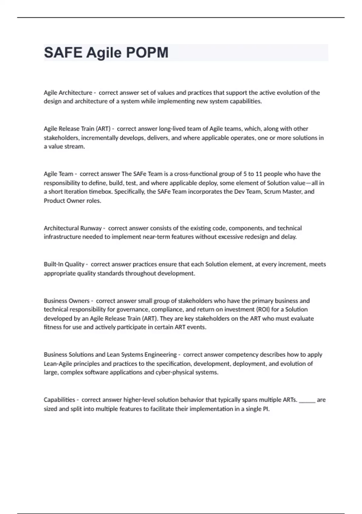 Safe Agile Popm Questions With Correct Answers 2024 Safe Agile Stuvia Us