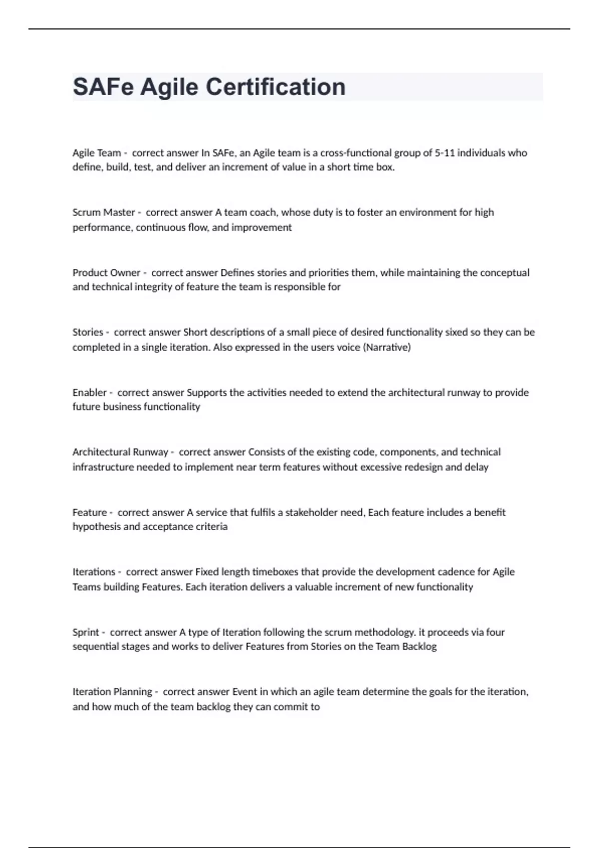 Safe Agile Certification Questions With Correct Answers Safe Agile Stuvia Us