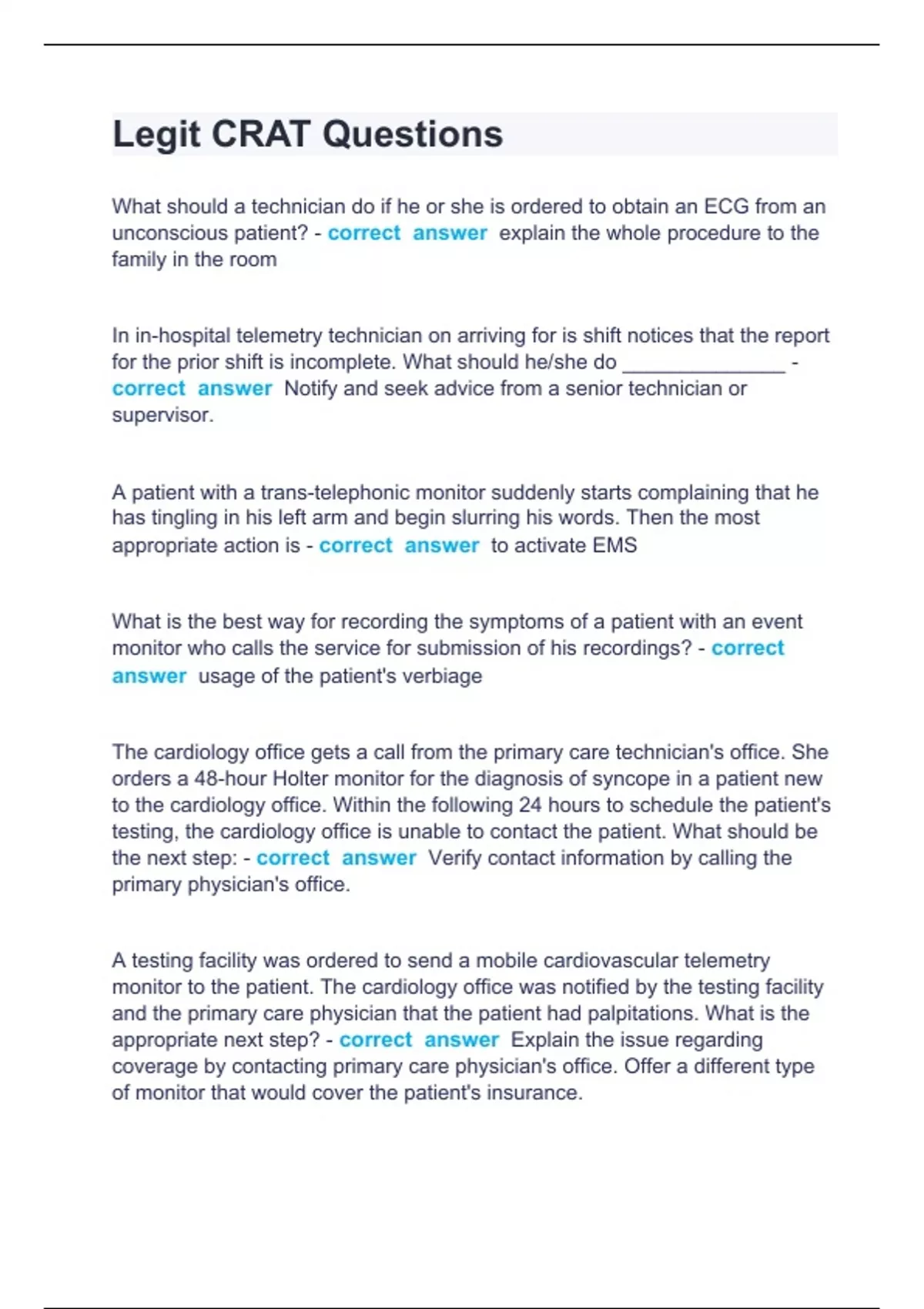 PACKAGE DEAL OF CRAT QUESTIONS WITH COMPLETE SOLUTION 2024 - Stuvia US