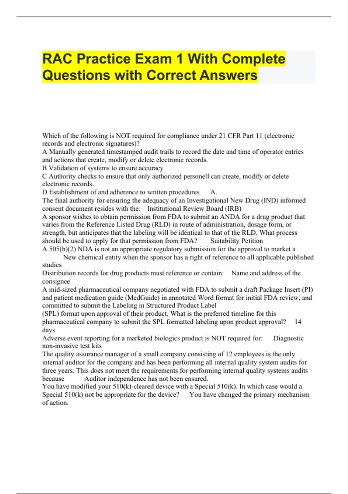 Rac Practice Exam 1 With Complete Questions With Correct Answers Rac Stuvia Us