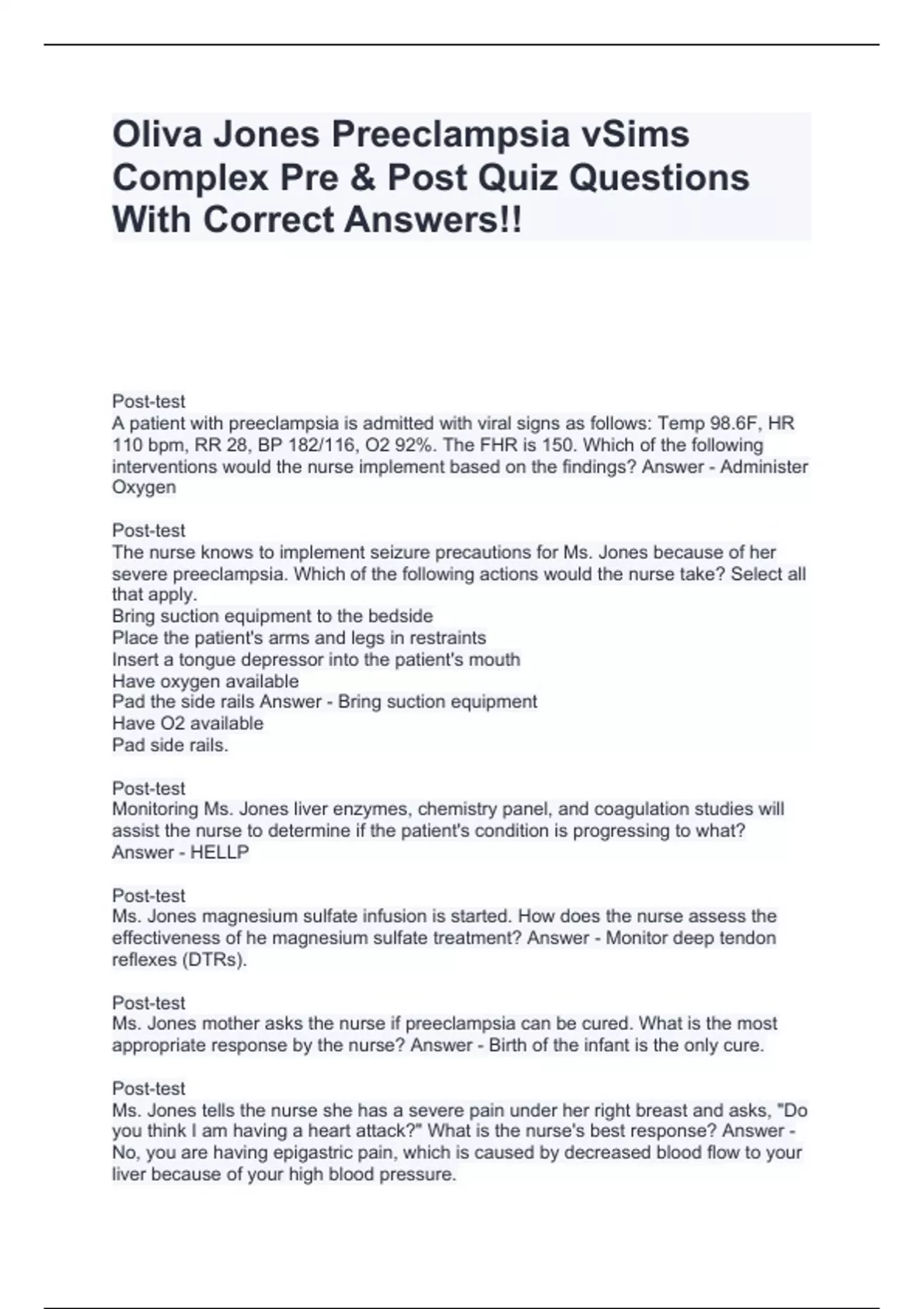 Oliva Jones Preeclampsia vSims Complex Pre & Post Quiz Questions With ...