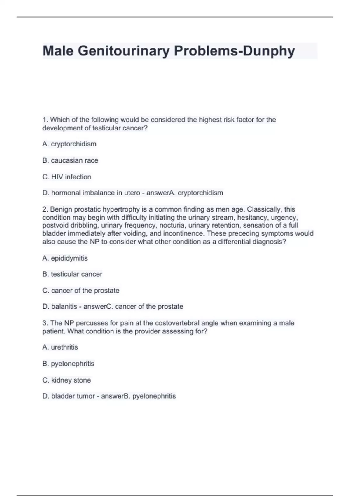 Male Genitourinary Problems-Dunphy Questions and Answers 2024 - Dunphy ...