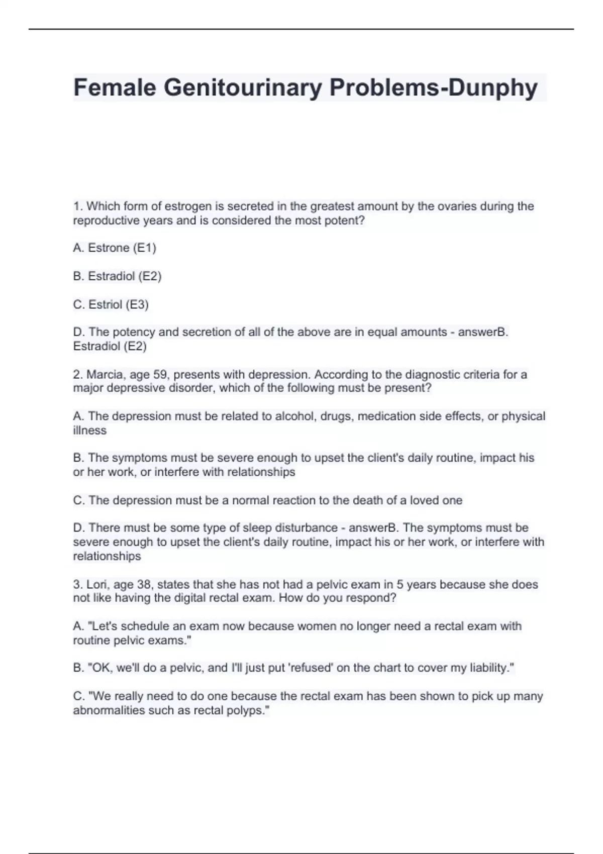Female Genitourinary Problems-Dunphy Questions and Answers 2024 ...