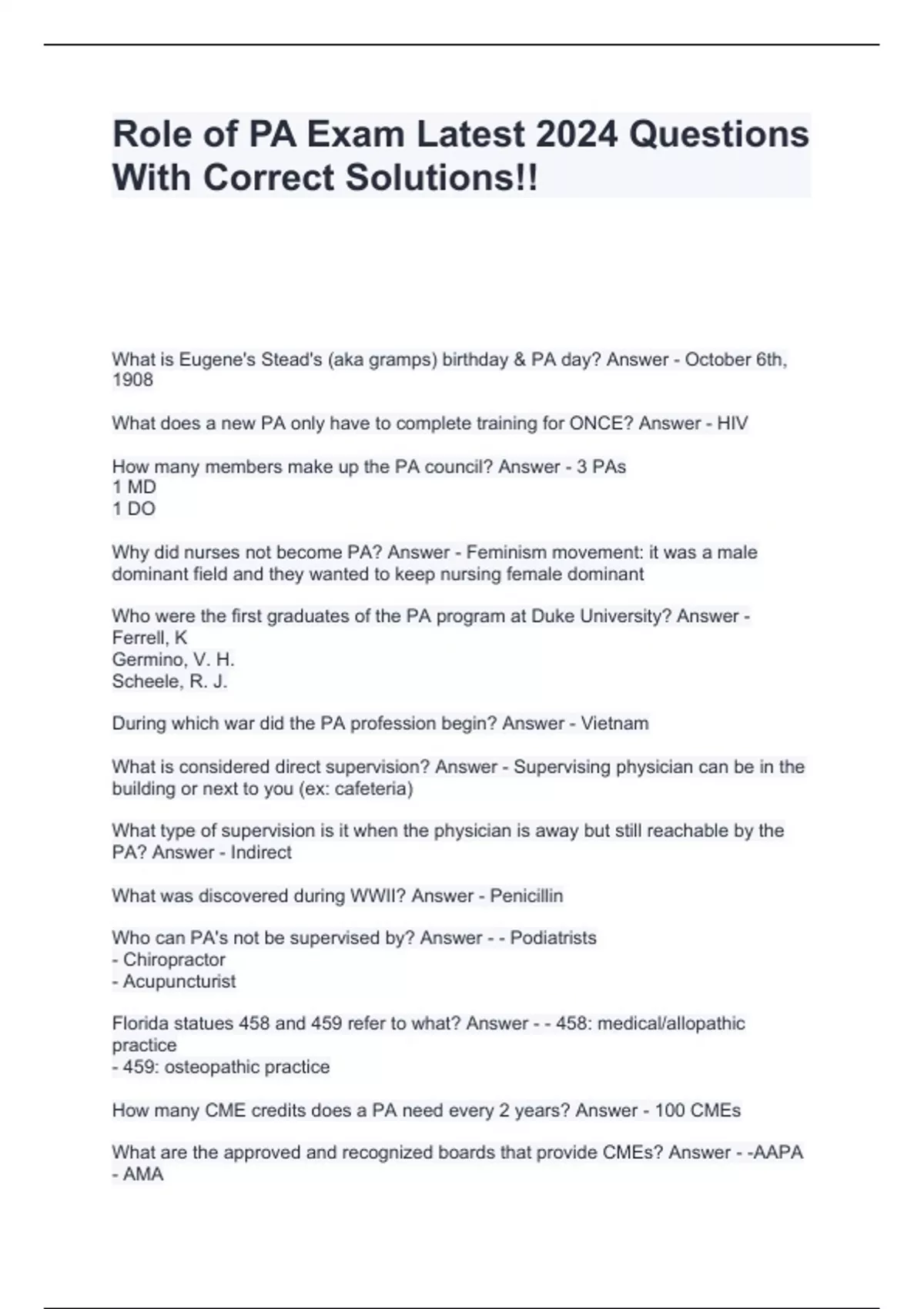 Role of PA Exam Latest 2024 Questions With Correct Solutions!! - PA ...