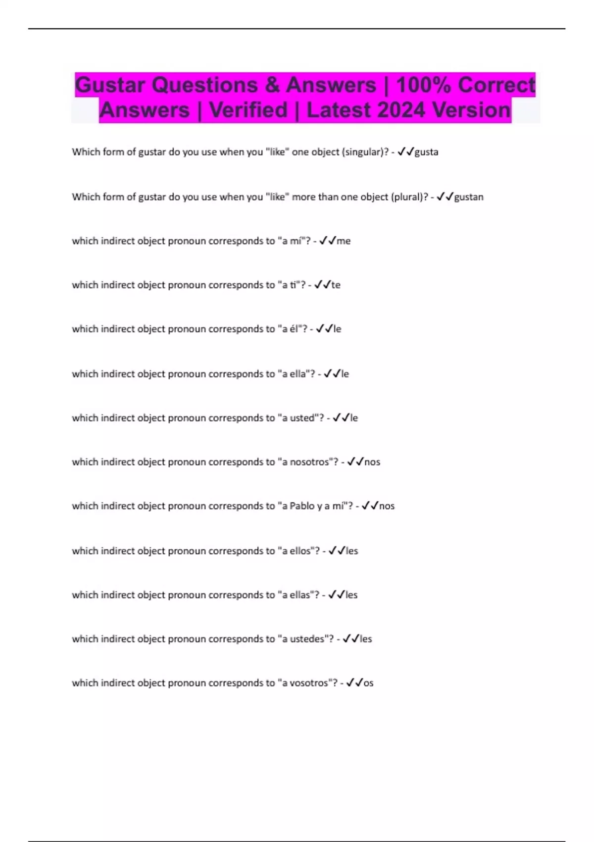 Gustar Questions & Answers | 100% Correct Answers | Verified | Latest ...