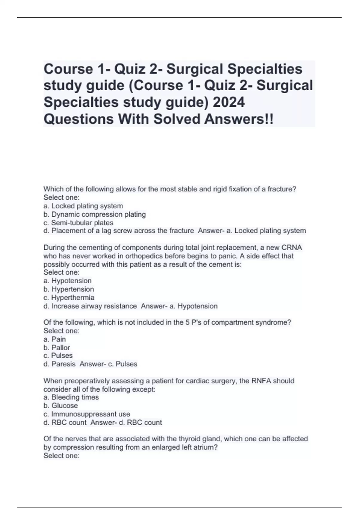 Course 1- Quiz 2- Surgical Specialties study guide (Course 1- Quiz 2 ...