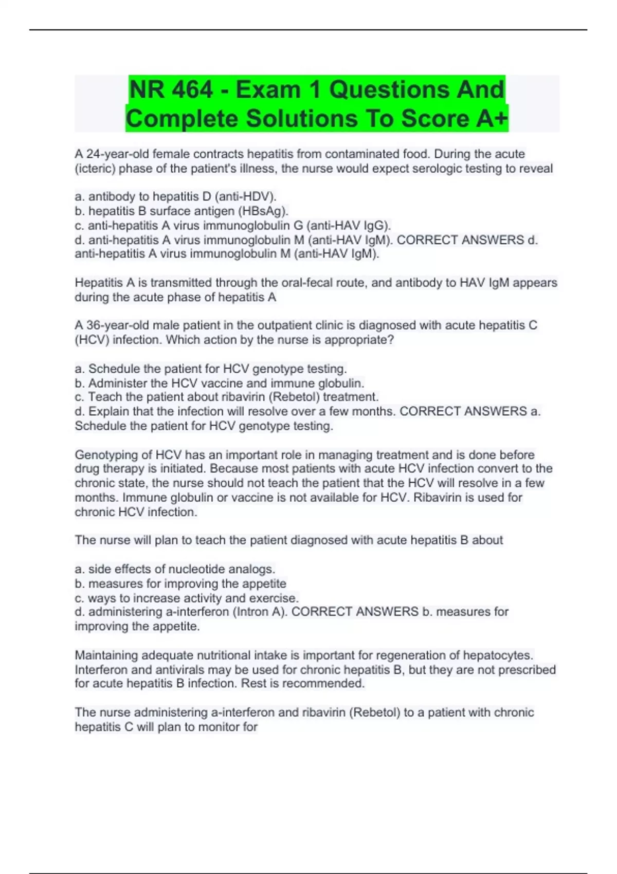 NR 464 - Exam 1 Questions And Complete Solutions To Score A+ - NR 464 ...