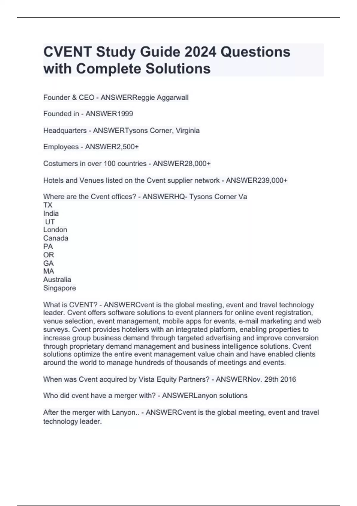 CVENT Study Guide 2024 Questions with Complete Solutions - CVENT - Stuvia US