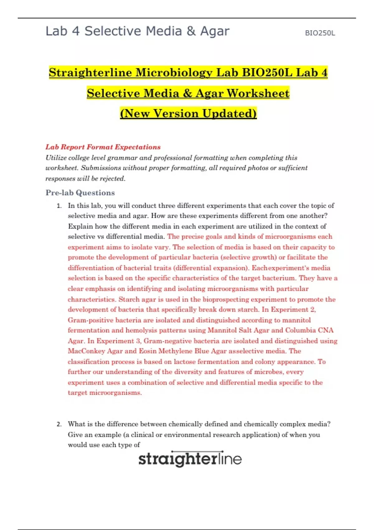 Straighterline Microbiology Lab BIO250L Lab 4 Selective Media & Agar Worksheet Questions and ...
