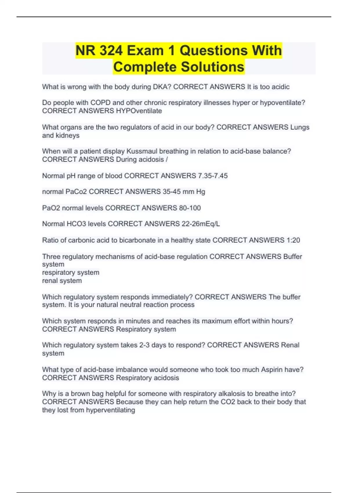 NR 324 Exam 1 Questions With Complete Solutions - NR 324 - Stuvia US
