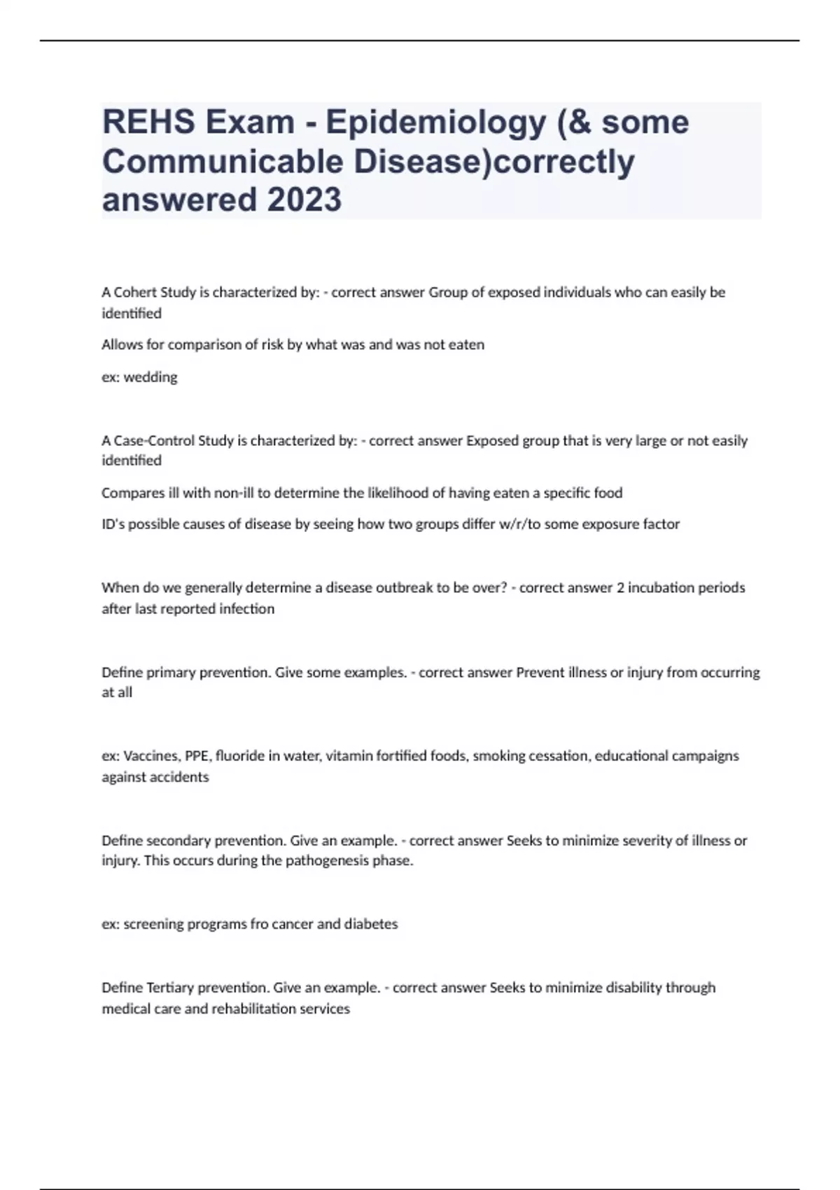 REHS Exam - Epidemiology (& some Communicable Disease)correctly ...