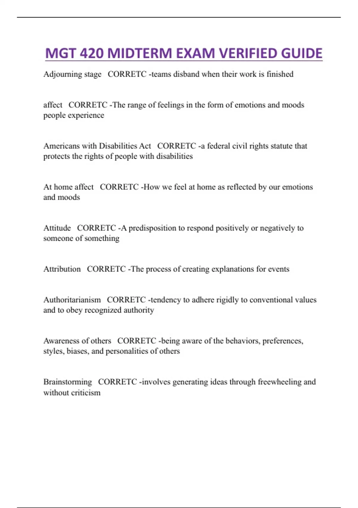 MGT 420 MIDTERM EXAM VERIFIED GUIDE - CMN 420 - Stuvia US