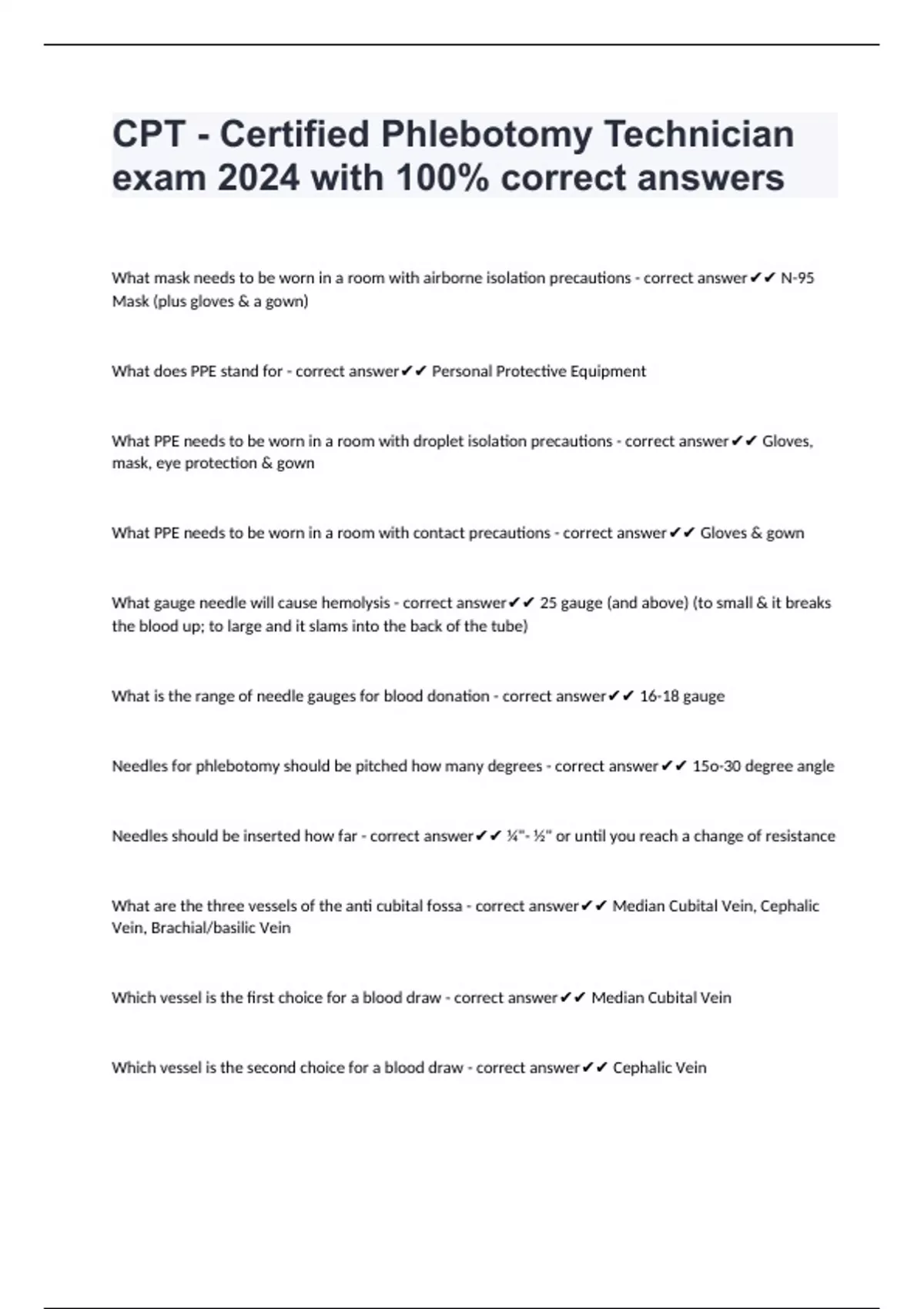 CPT - Certified Phlebotomy Technician exam 2024 with 100% correct ...