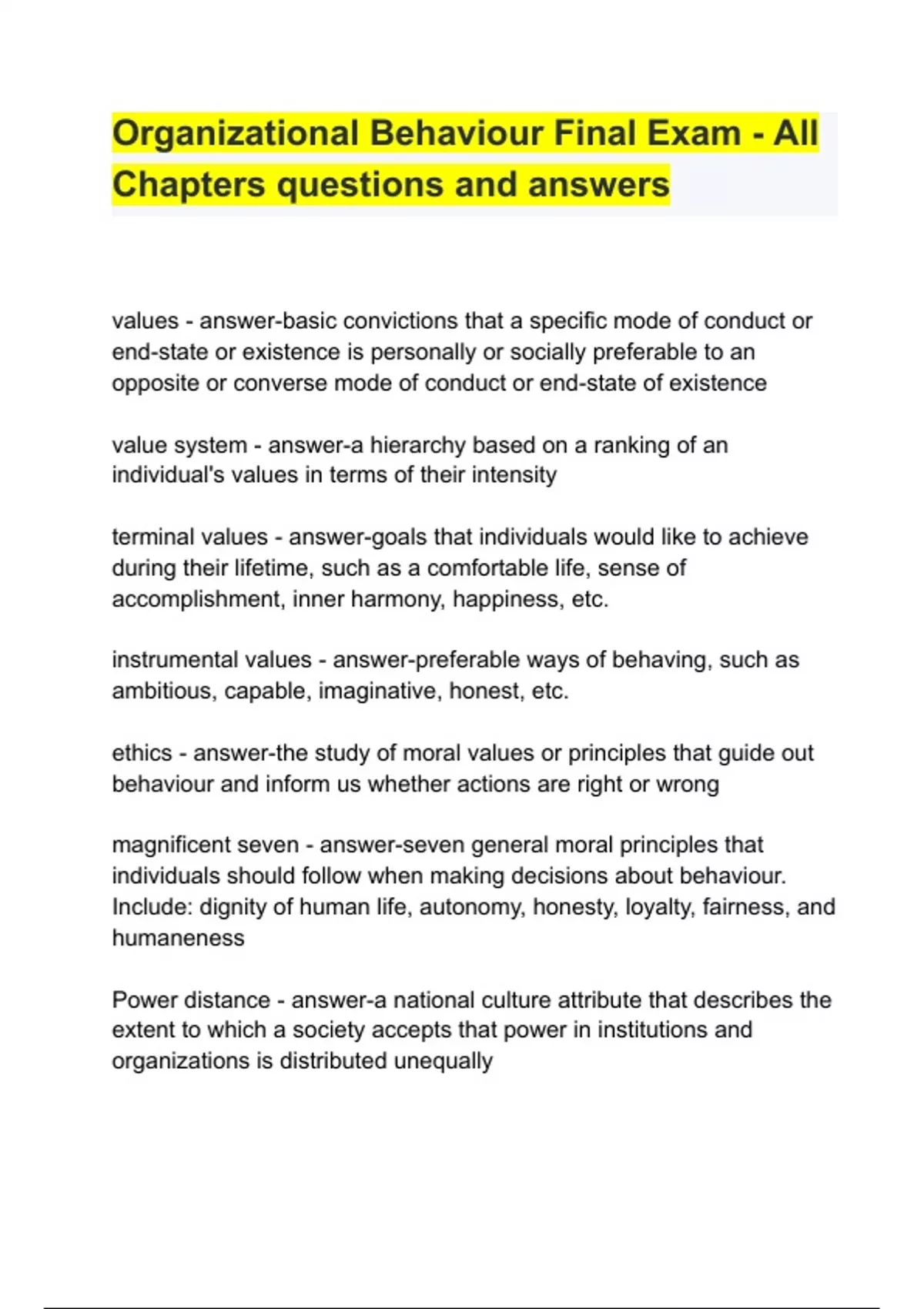 Organizational Behaviour Final Exam - All Chapters questions and ...