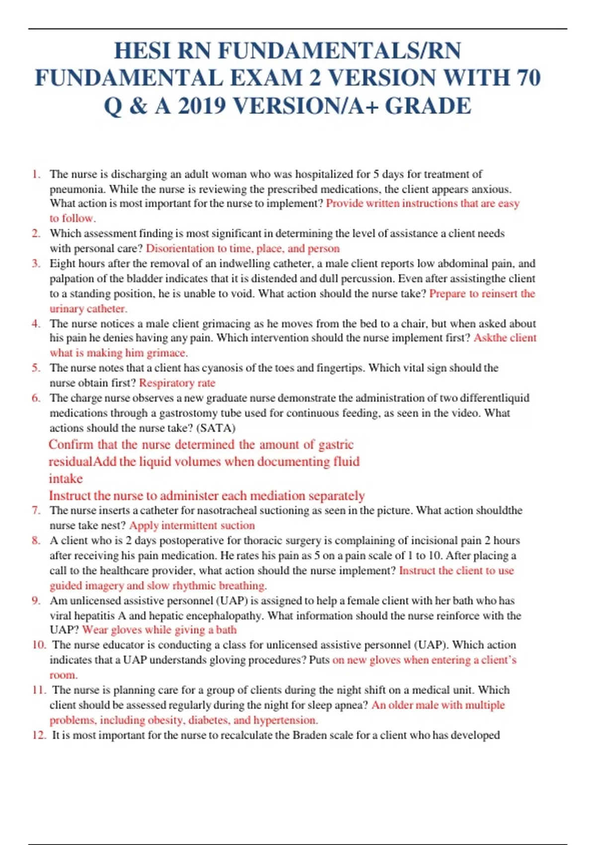 HESI RN FUNDAMENTALS/RN FUNDAMENTAL EXAM 2 VERSION WITH 70 Q & A 2019 ...