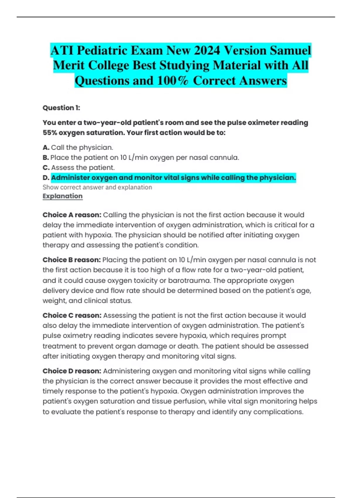 ATI Pediatric Exam New 2024 Version Samuel Merit College Best Studying ...