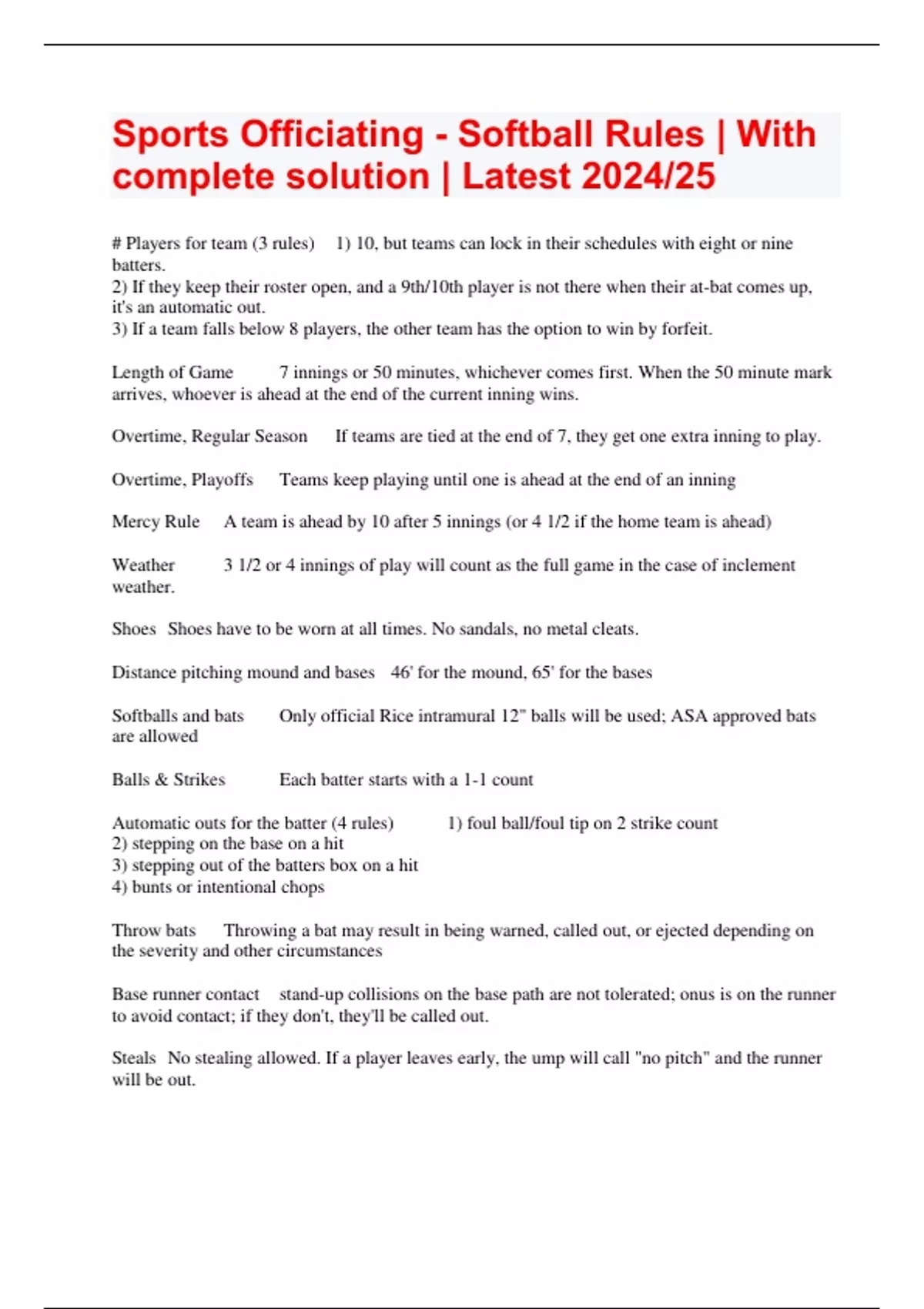 Sports Officiating - Softball Rules | With complete solution | Latest ...