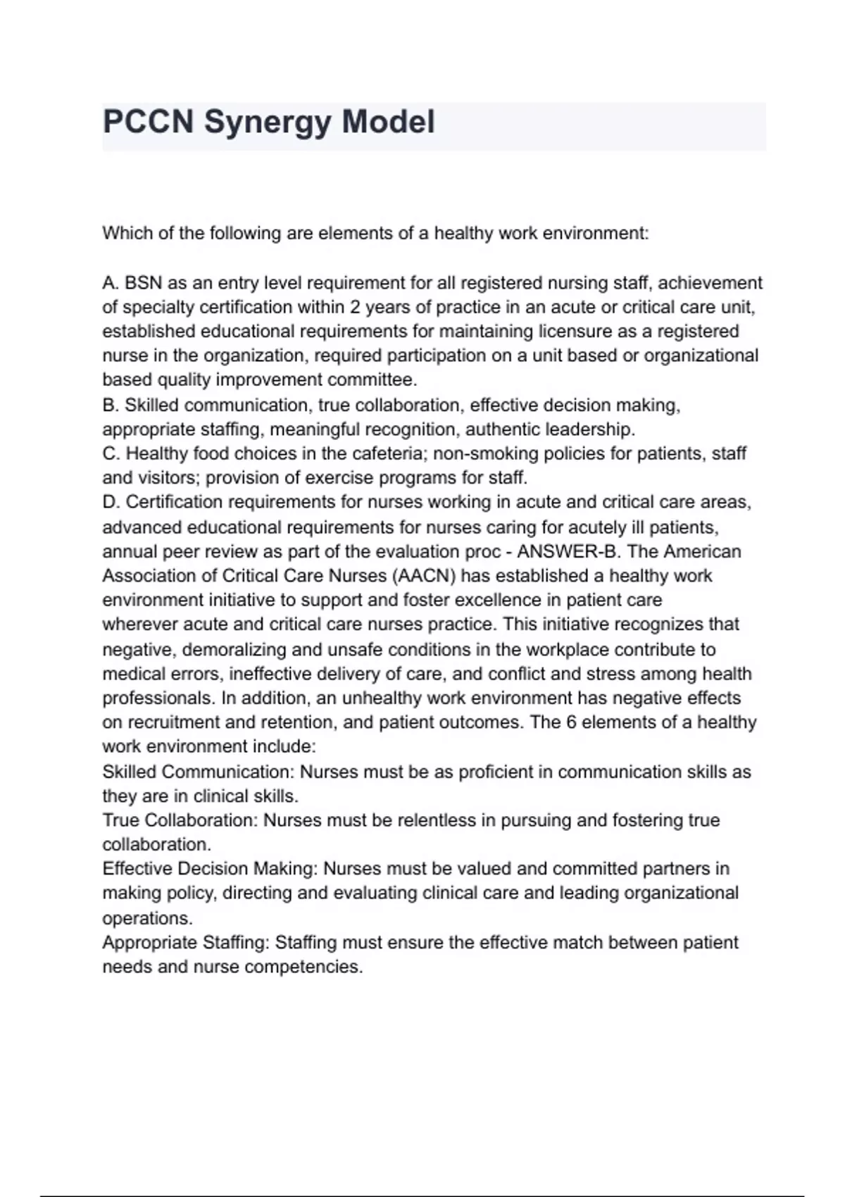 PCCN Synergy Model - PCCN Synergy Model Which of the following are elem ...