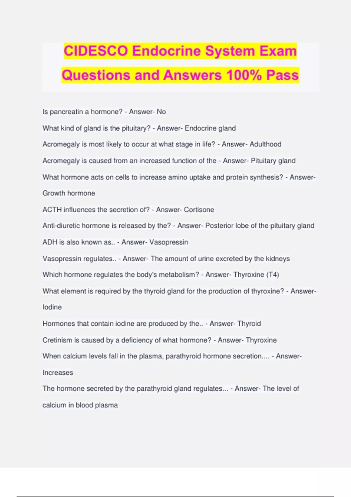 CIDESCO Endocrine System Exam Questions and Answers 100% Pass - CIDESCO - Stuvia US