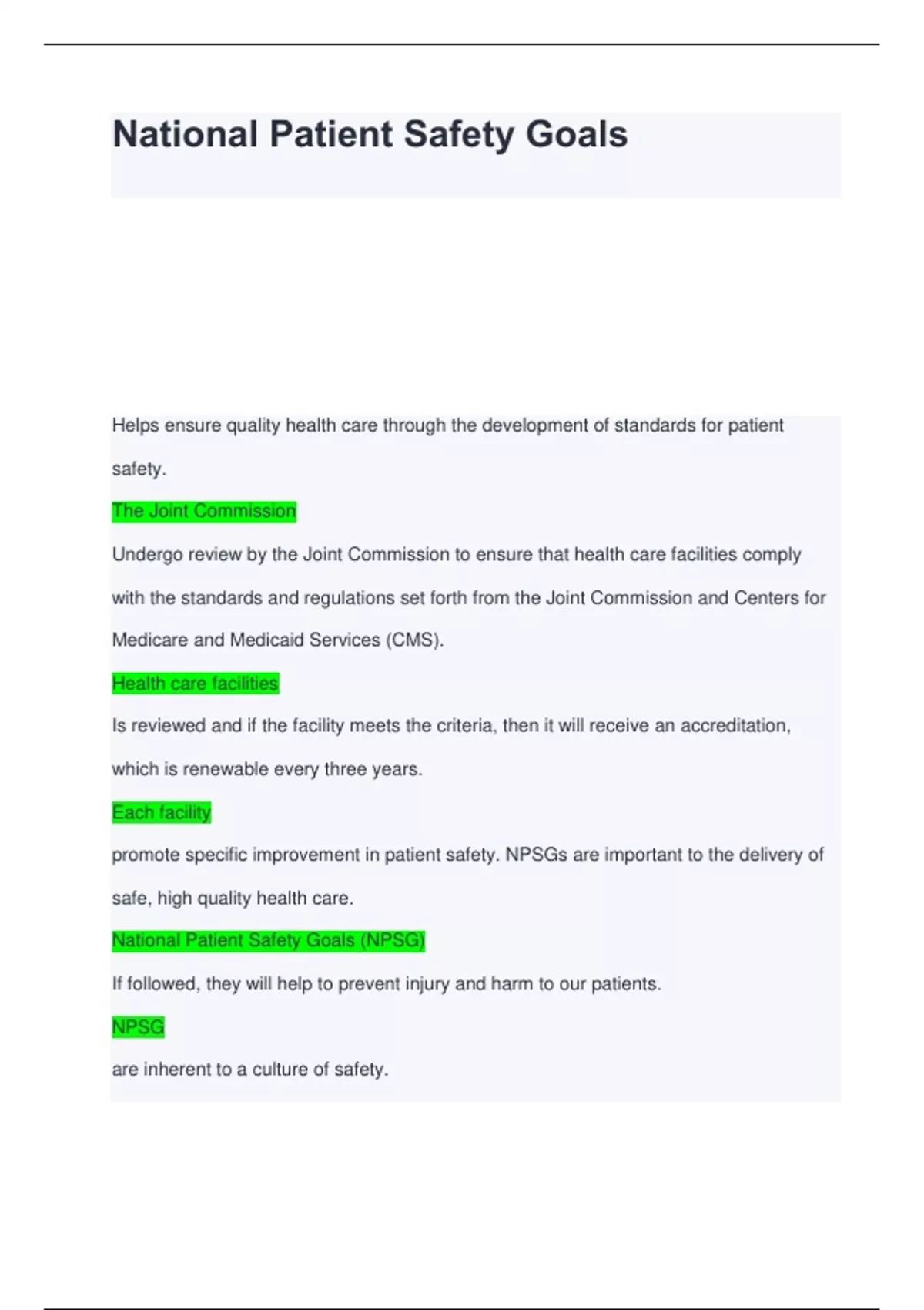 National Patient Safety Goals - National Patient Safety Goals - Stuvia US