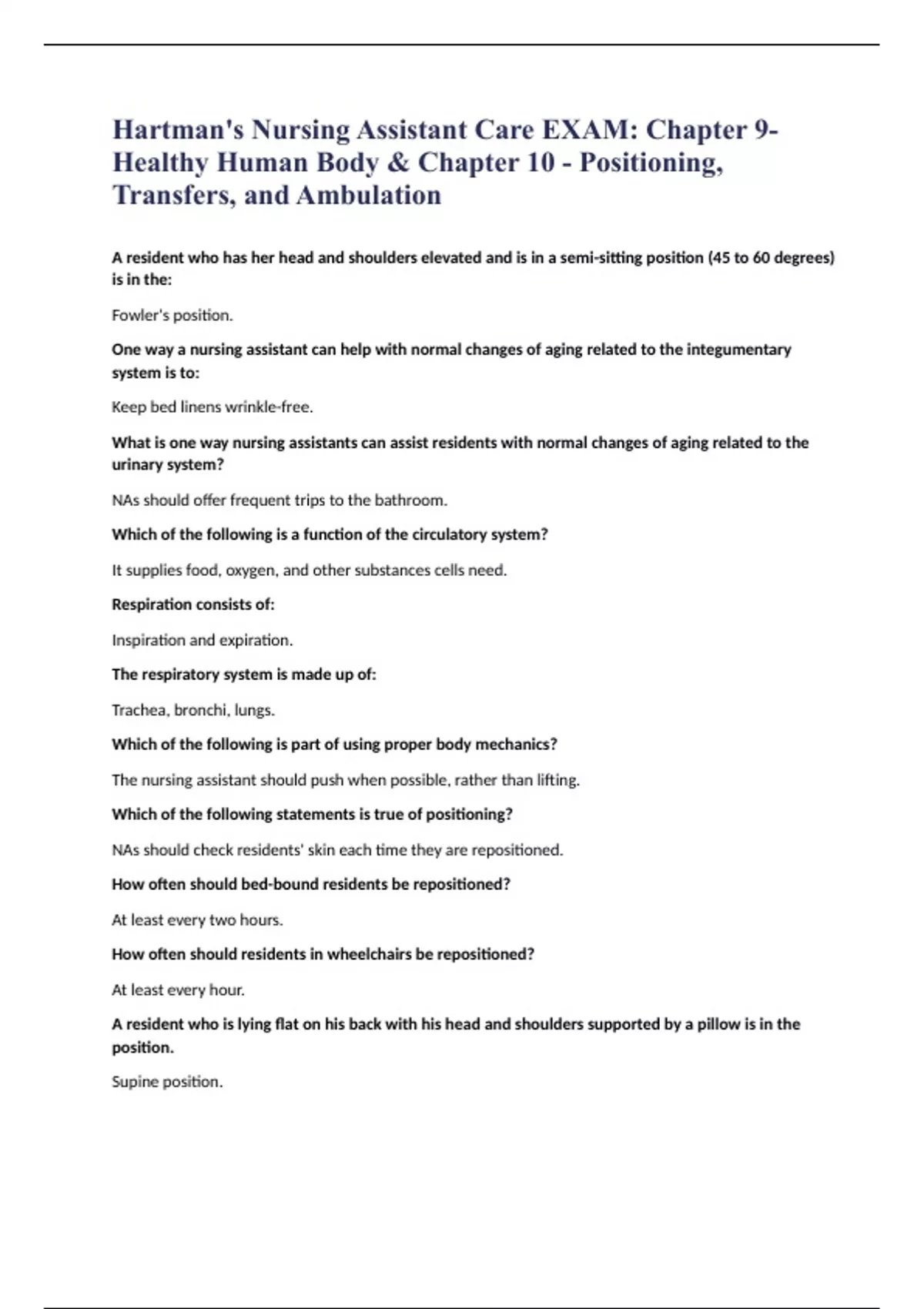 Hartman's Nursing Assistant Care EXAM: Chapter 9-Healthy Human Body ...