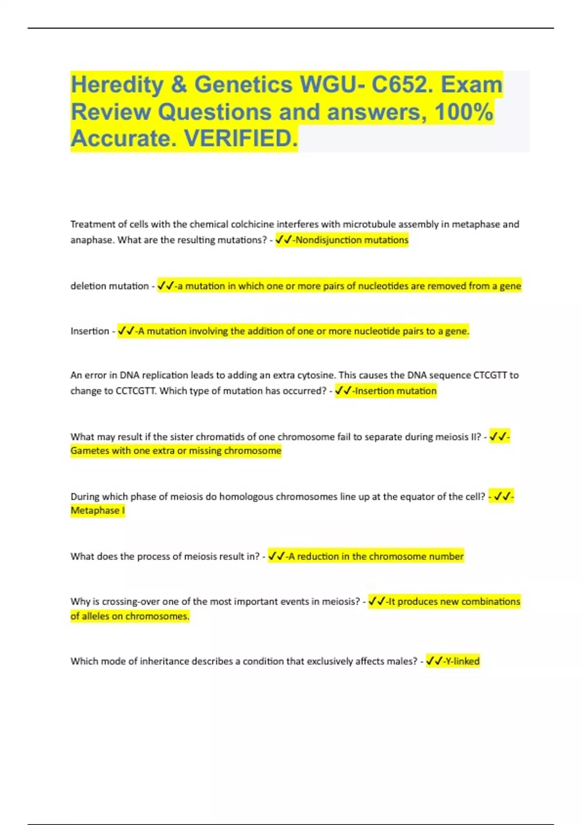 Heredity & Genetics WGU- C652. Exam Review Questions and answers, 100% ...