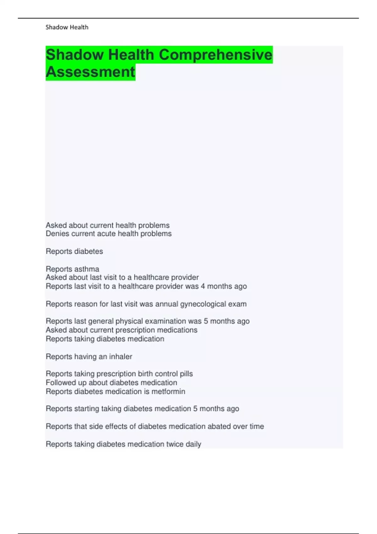 Shadow Health Comprehensive Assessment - Shadow Health Comprehensive ...
