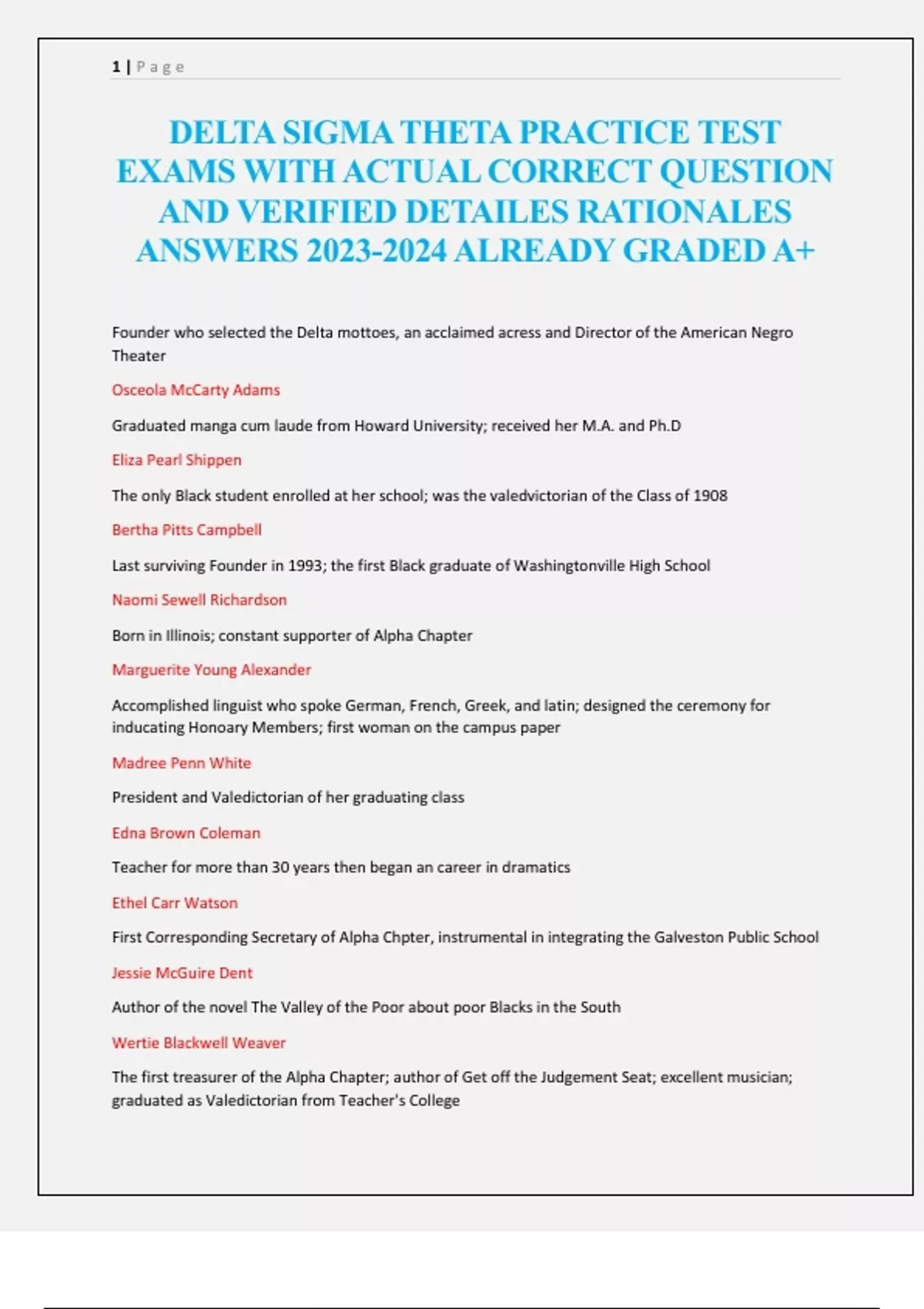 DELTA SIGMA THETA PRACTICE TEST EXAMS WITH ACTUAL CORRECT QUESTION AND ...